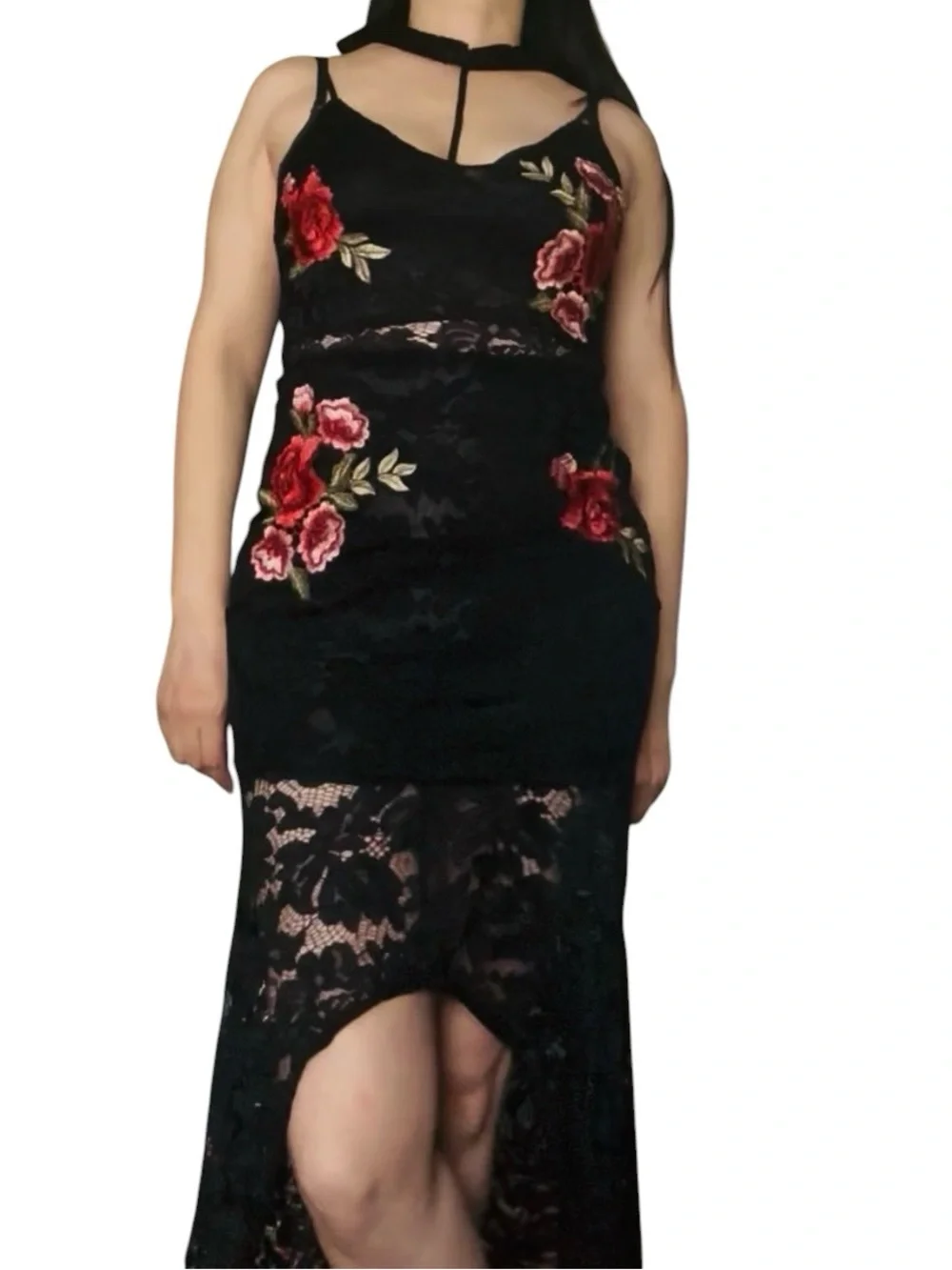 Dresses | Black Lace Maxi Dress With Red Rose Embroidery | Poshmark